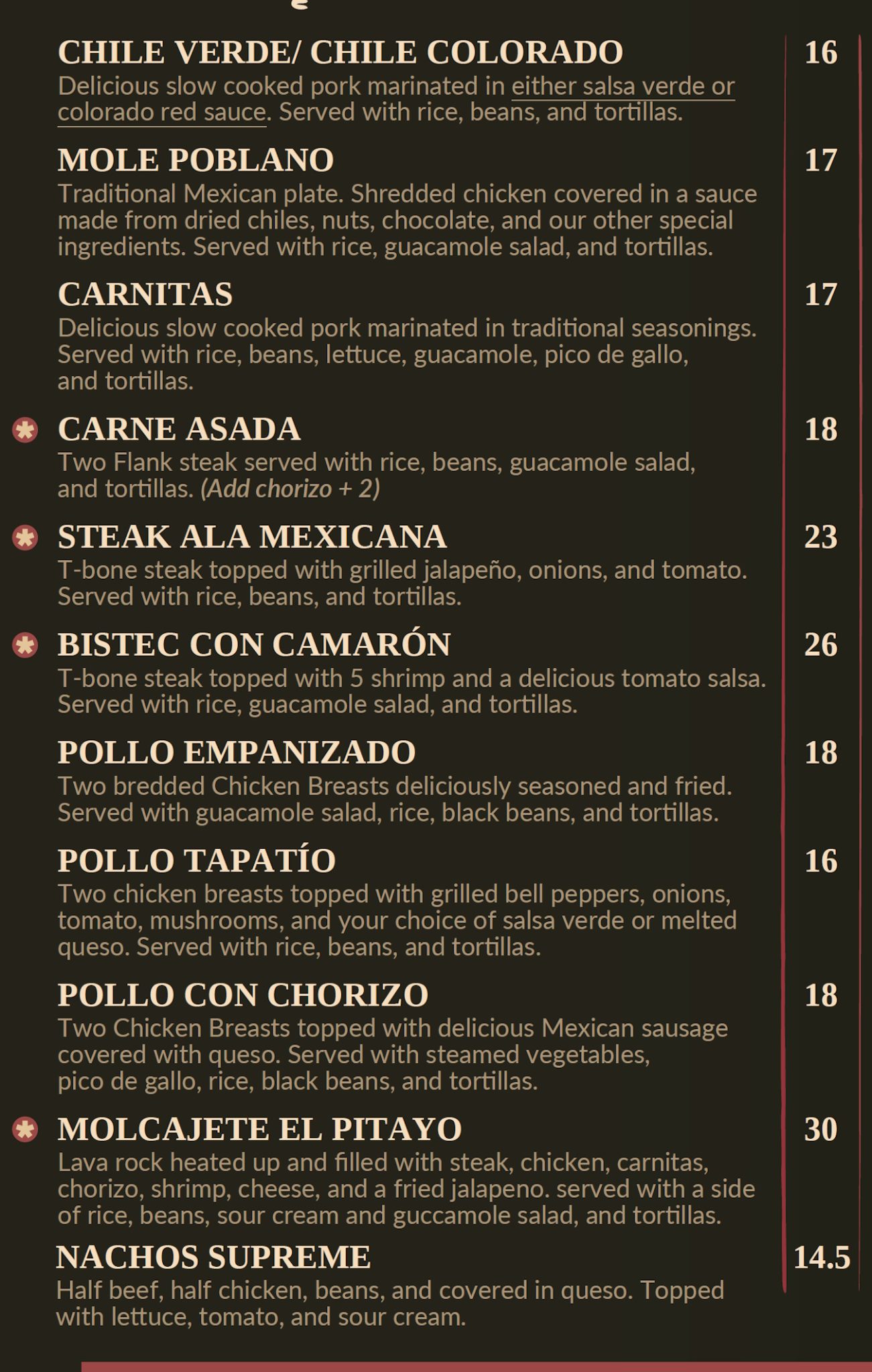 Our Delicous Dinner Menu - El Pitayo